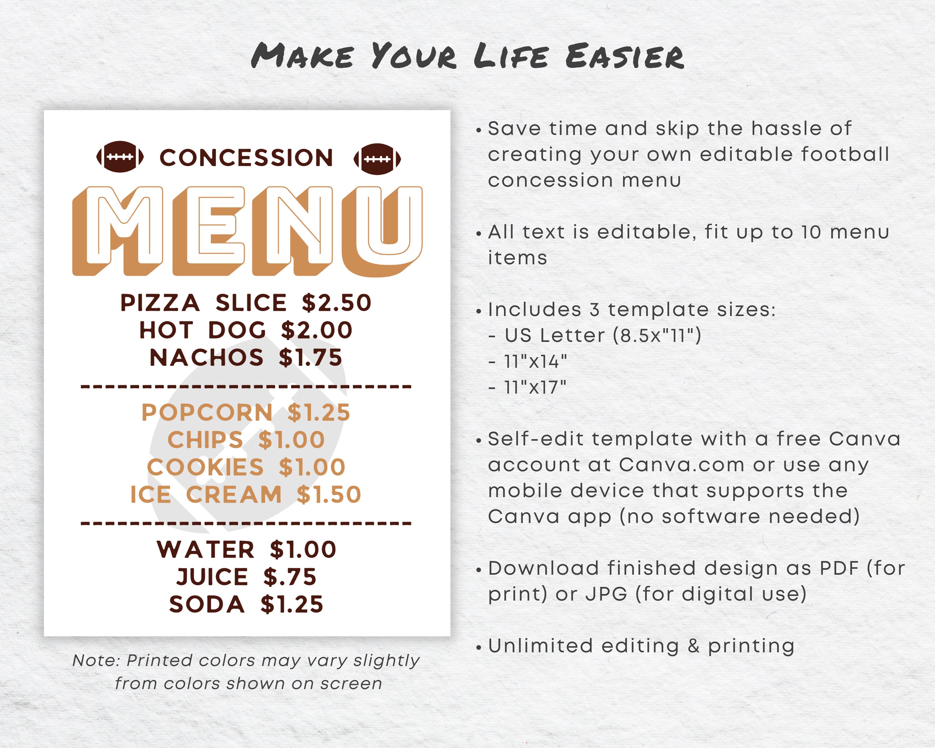 Football Concession Menu Editable Template Concession Stand - Etsy