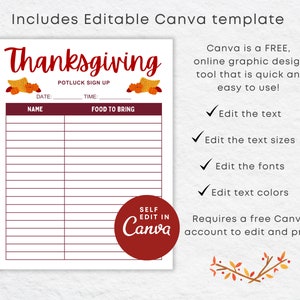 Thanksgiving Potluck Sign up Sheet for Holiday Potluck Party, Canva - Etsy