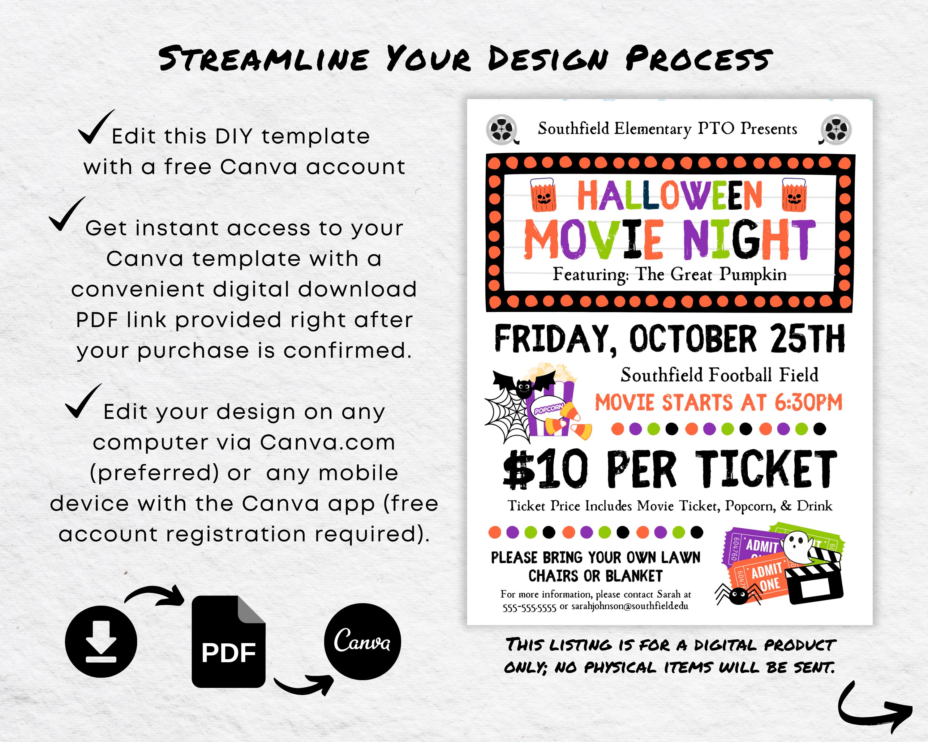 DIY Halloween Movie Night Flyer Template, Editable School Film Event ...