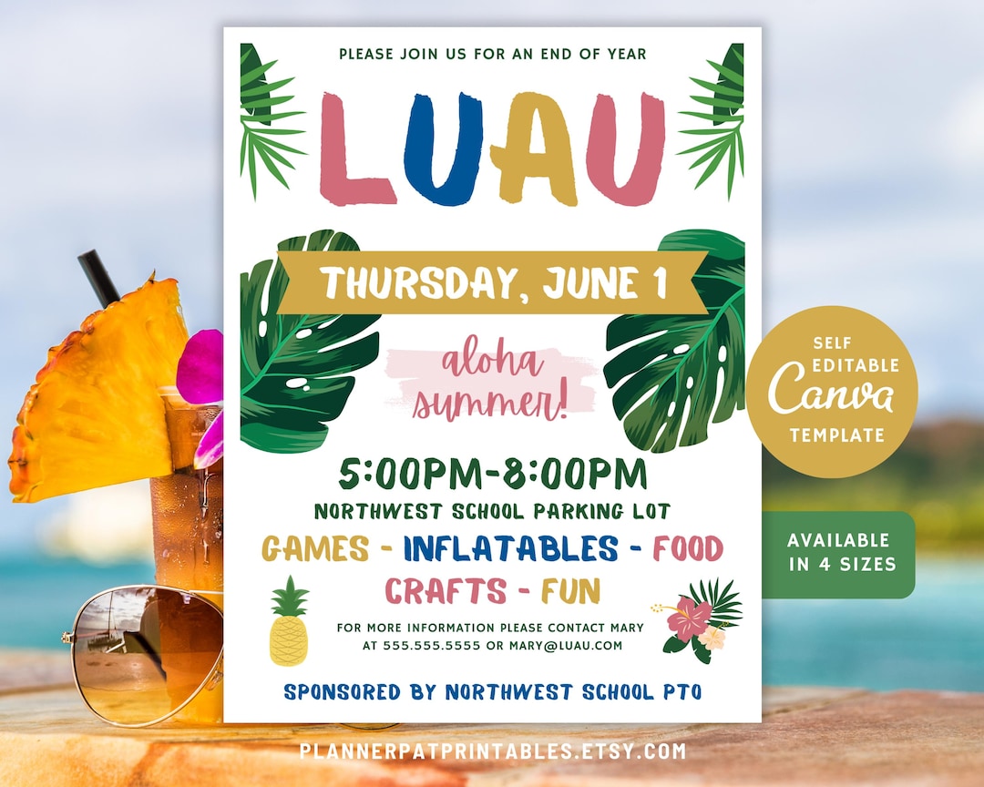 Modelo de folheto de luau escolar editável, convite havaiano para ...