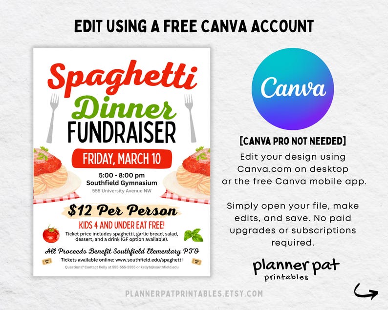 Spaghetti Dinner Fundraiser Flyer | Pasta Night Event Poster | Editable ...