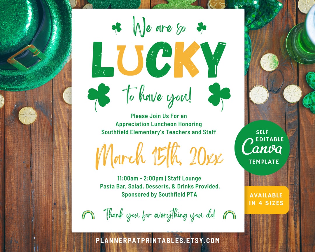 Editable St Patricks Appreciation Flyer, Teacher Luncheon Invite, Canva ...