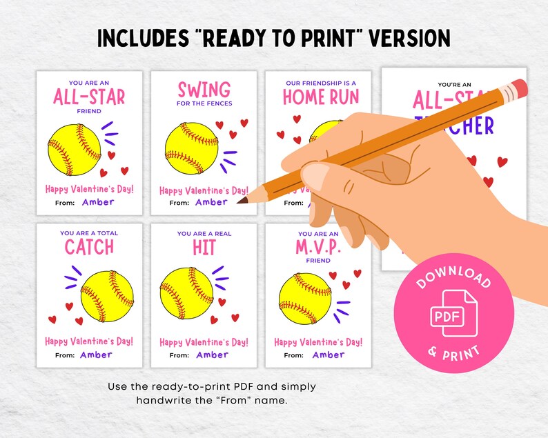 Softball Valentine Cards | Classroom Exchange Sports Tags for Girls (editable & Printable, Canva ...