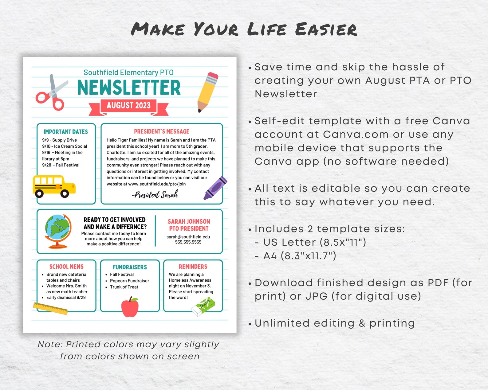 Editable August Newsletter Template: Canva PTA/PTO Back to School Flyer ...