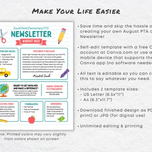 Editable August Newsletter Template: Canva PTA/PTO Back to School Flyer ...