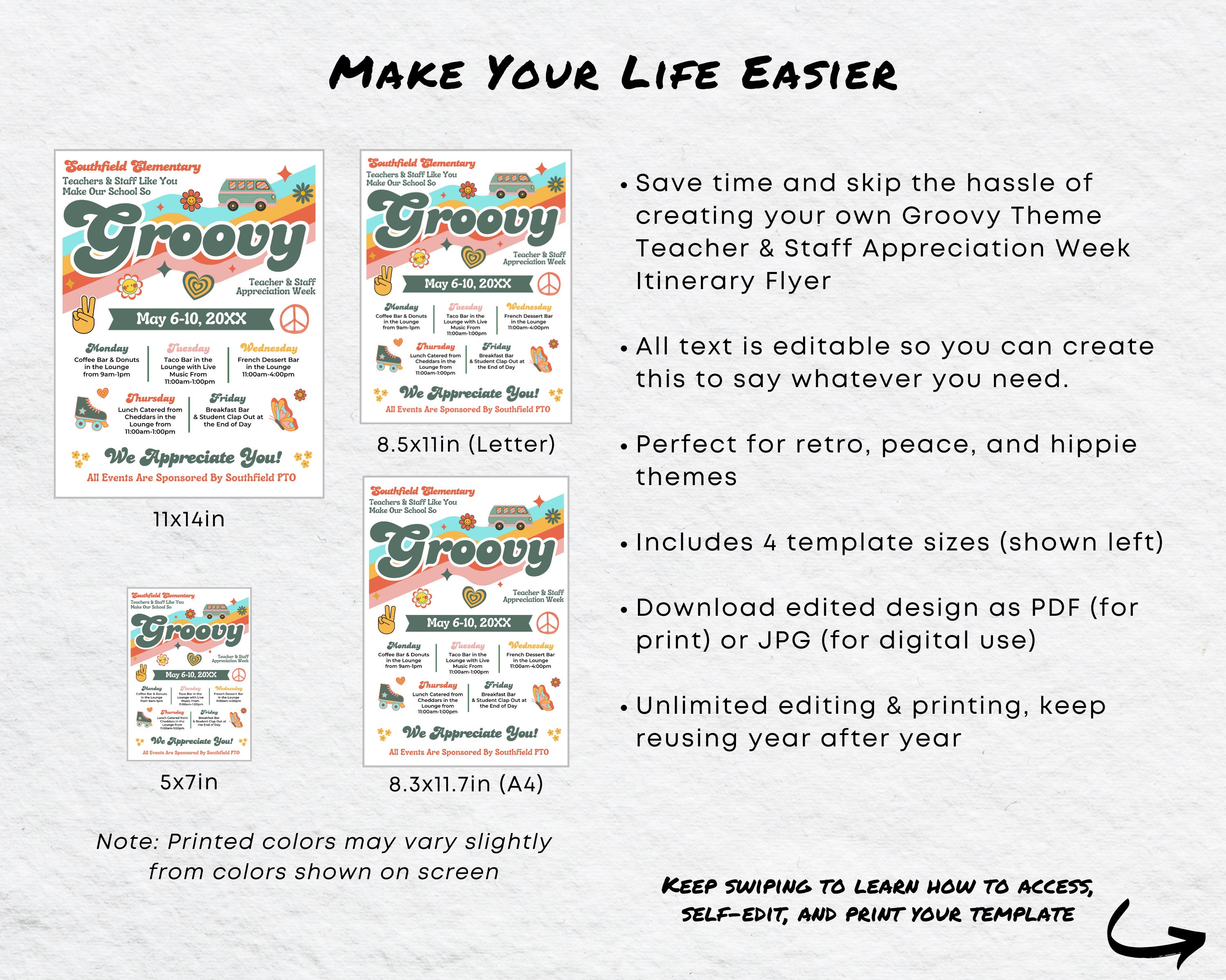 Groovy Teacher Appreciation Week Itinerary Flyer: Retro 60s 70s (canva ...