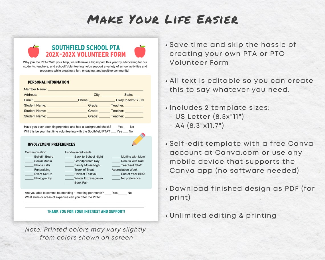 PTA Membership Form Volunteer Survey Editable Canva Template - Etsy