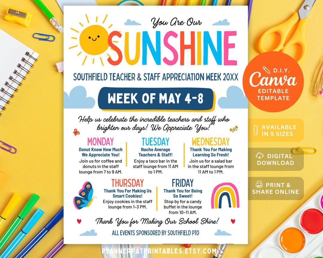 Editable Sunshine Theme Teacher Appreciation Week Sun Itinerary Flyer ...