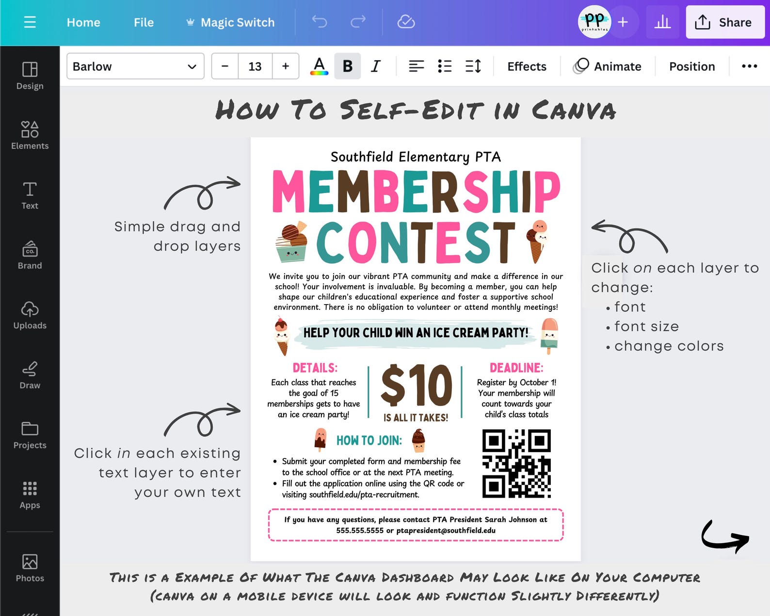 Editable PTA Membership Contest Flyer: Canva Template, School ...