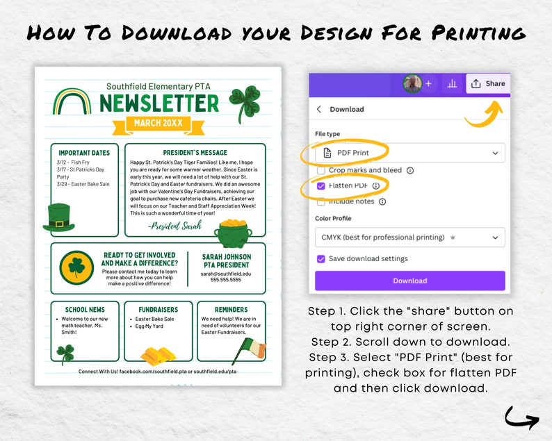 Editable March Newsletter Template, St Patricks PTO PTA School News ...