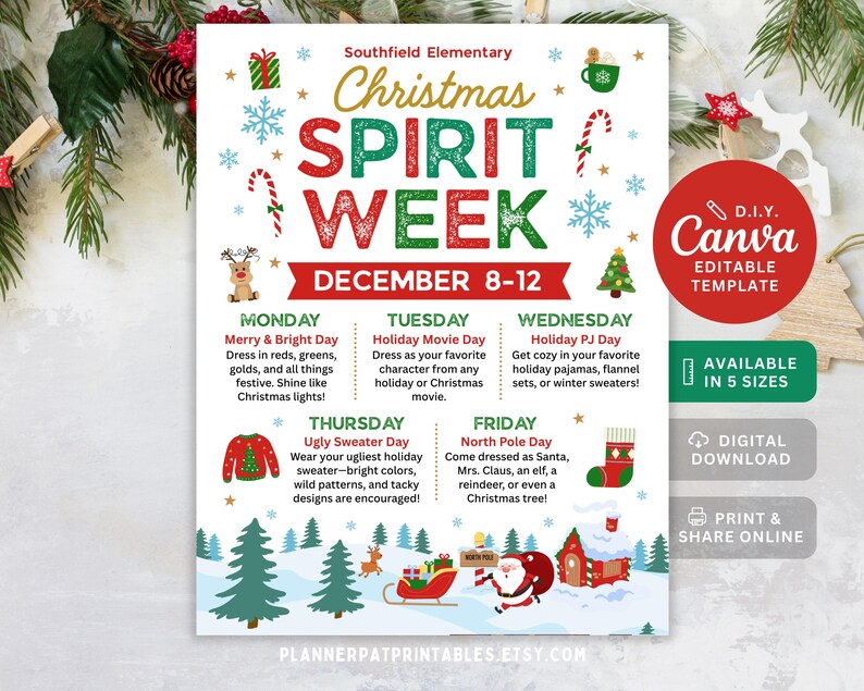 Christmas Spirit Week Flyer | Editable School Dress-up Days Schedule ...
