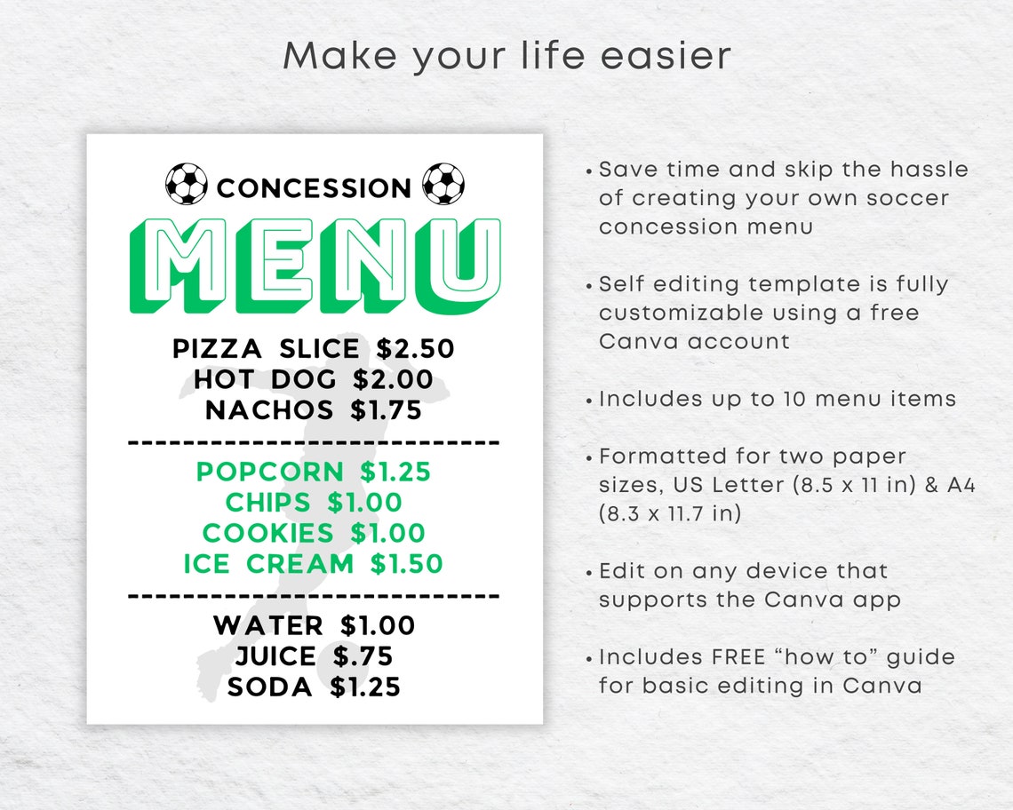Editable Soccer Concession Stand Menu Price Sheet Printable Canva ...