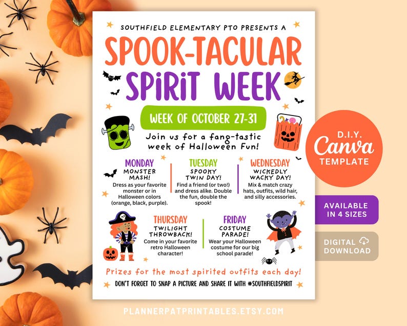 Halloween Spirit Week Flyer: Editable School Dress-up Itinerary (canva ...