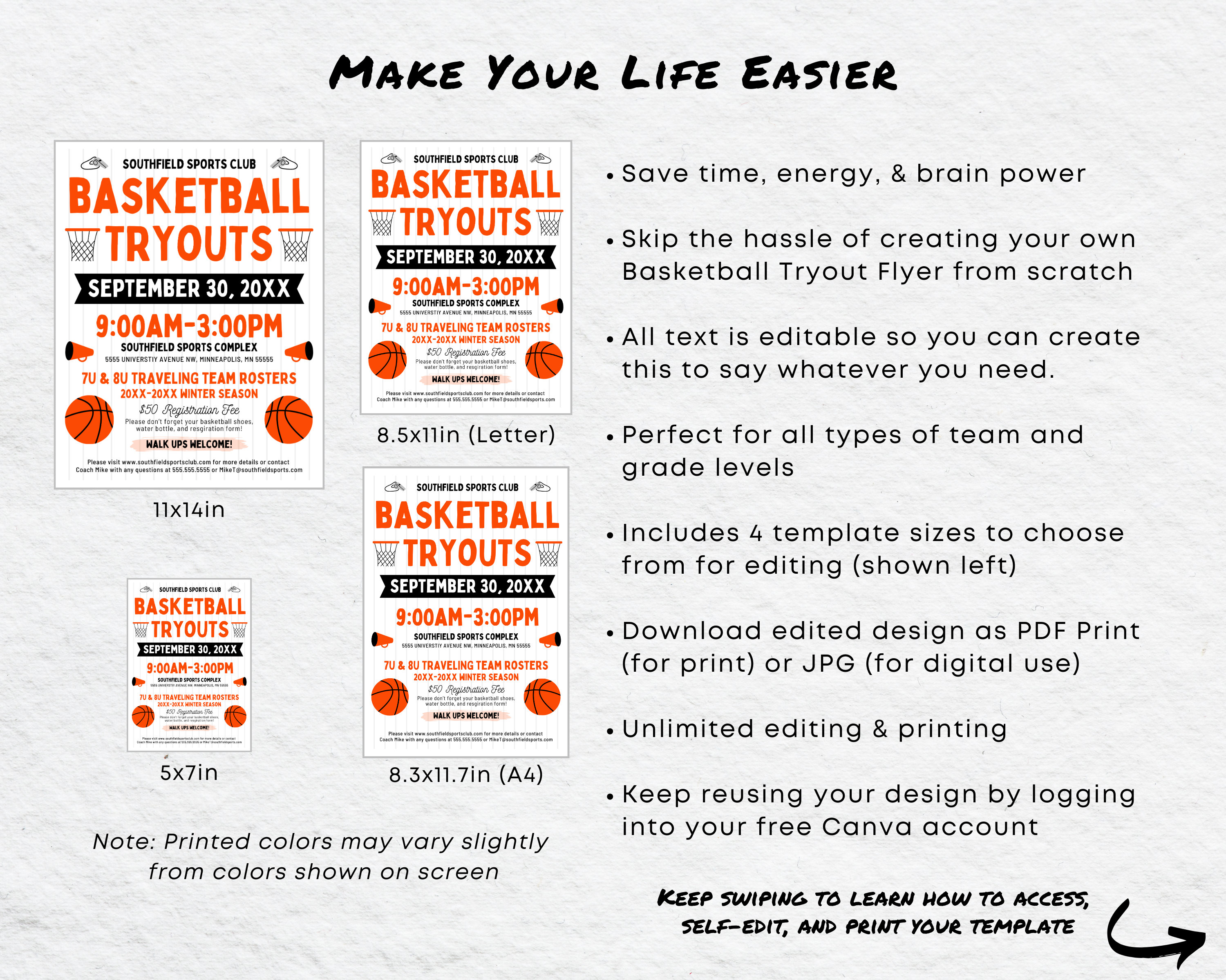 Editable Basketball Tryout Flyer Template, Youth Sports Registration ...