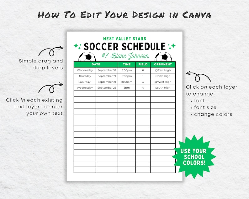 Editable Soccer Schedule Template | Canva Soccer Game & Practice ...