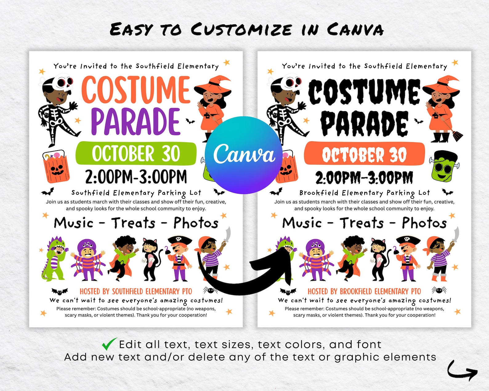 Editable Halloween Costume Parade Flyer Canva Template | Elementary ...