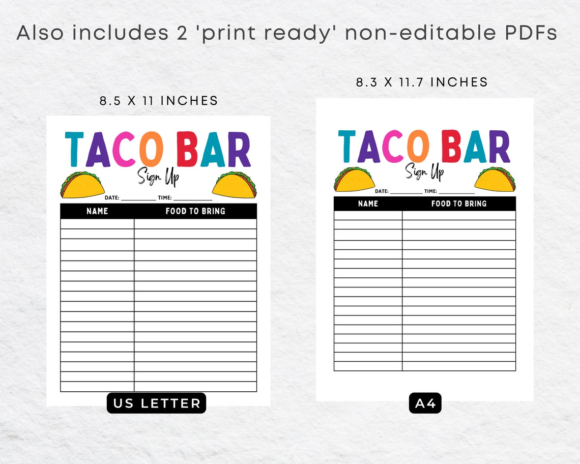 Taco Bar Sign up Sheet Printable for Mexican Fiesta Potluck Party ...
