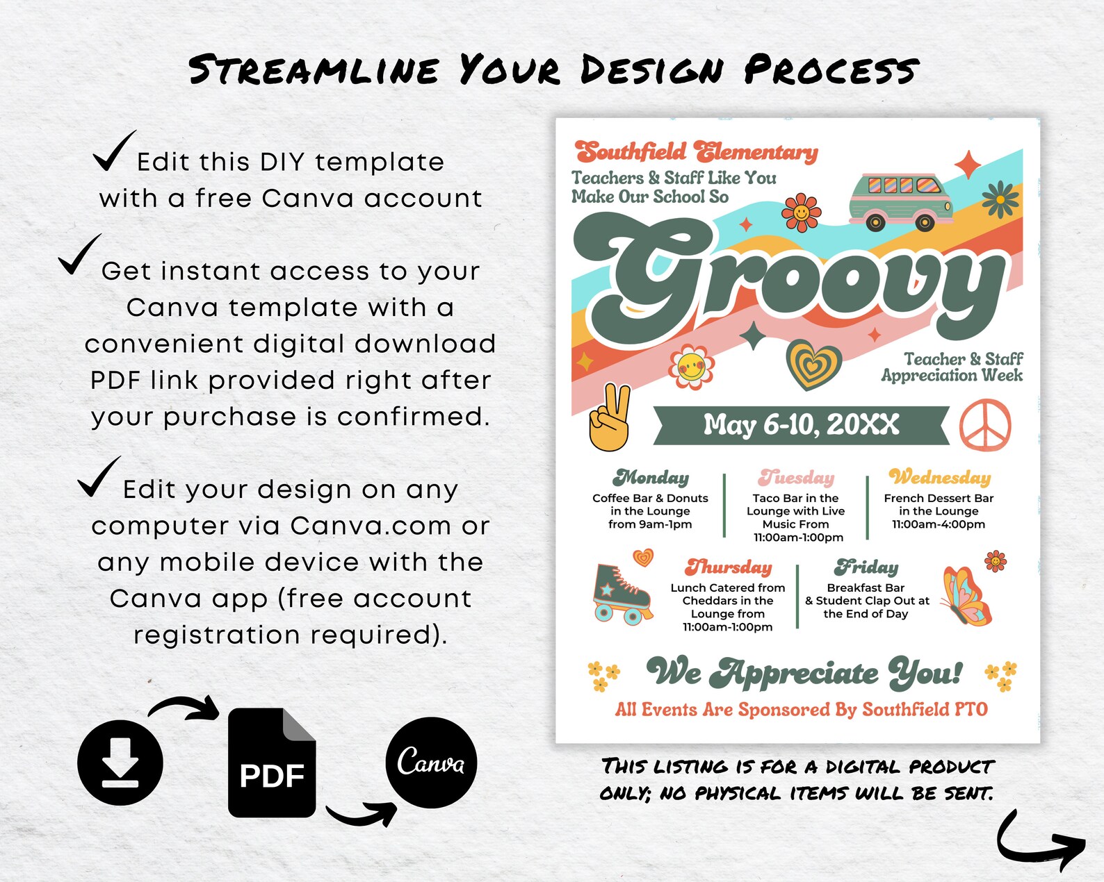 Groovy Teacher Appreciation Week Itinerary Flyer: Retro 60s 70s (canva ...
