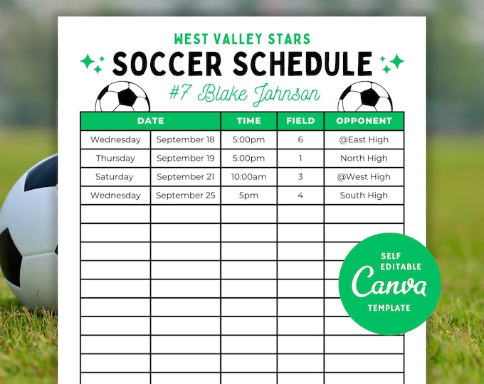 Editable Soccer Schedule Template | Canva Soccer Game & Practice ...