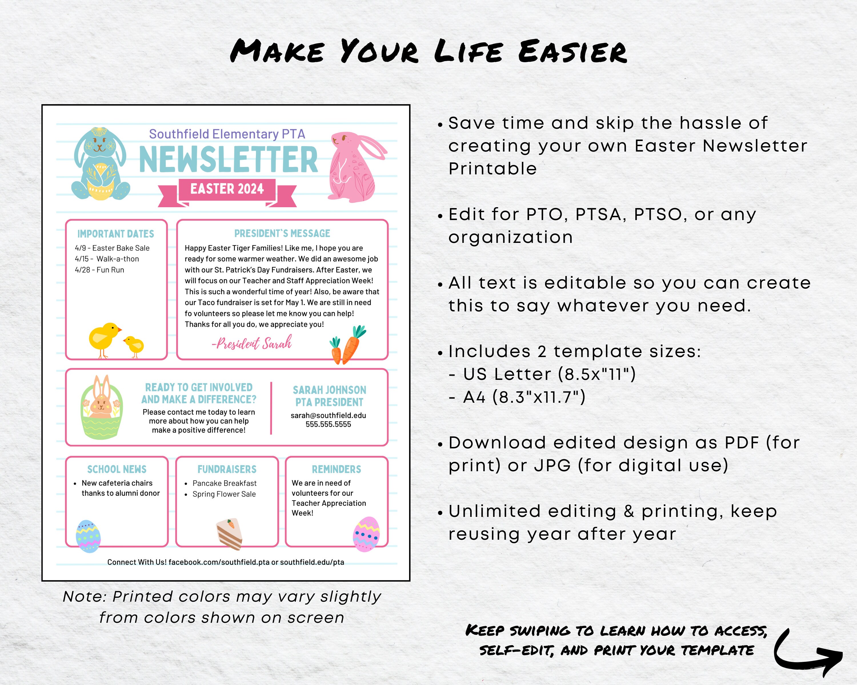 Editable Easter Newsletter Template, Monthly PTO PTA School News, Canva ...