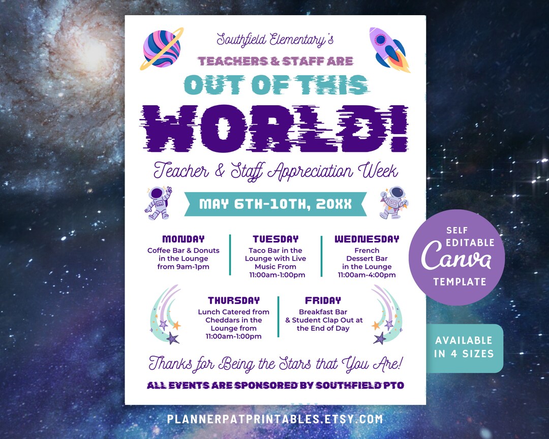 Editable Space Theme Teacher & Staff Appreciation Itinerary Flyer Canva ...