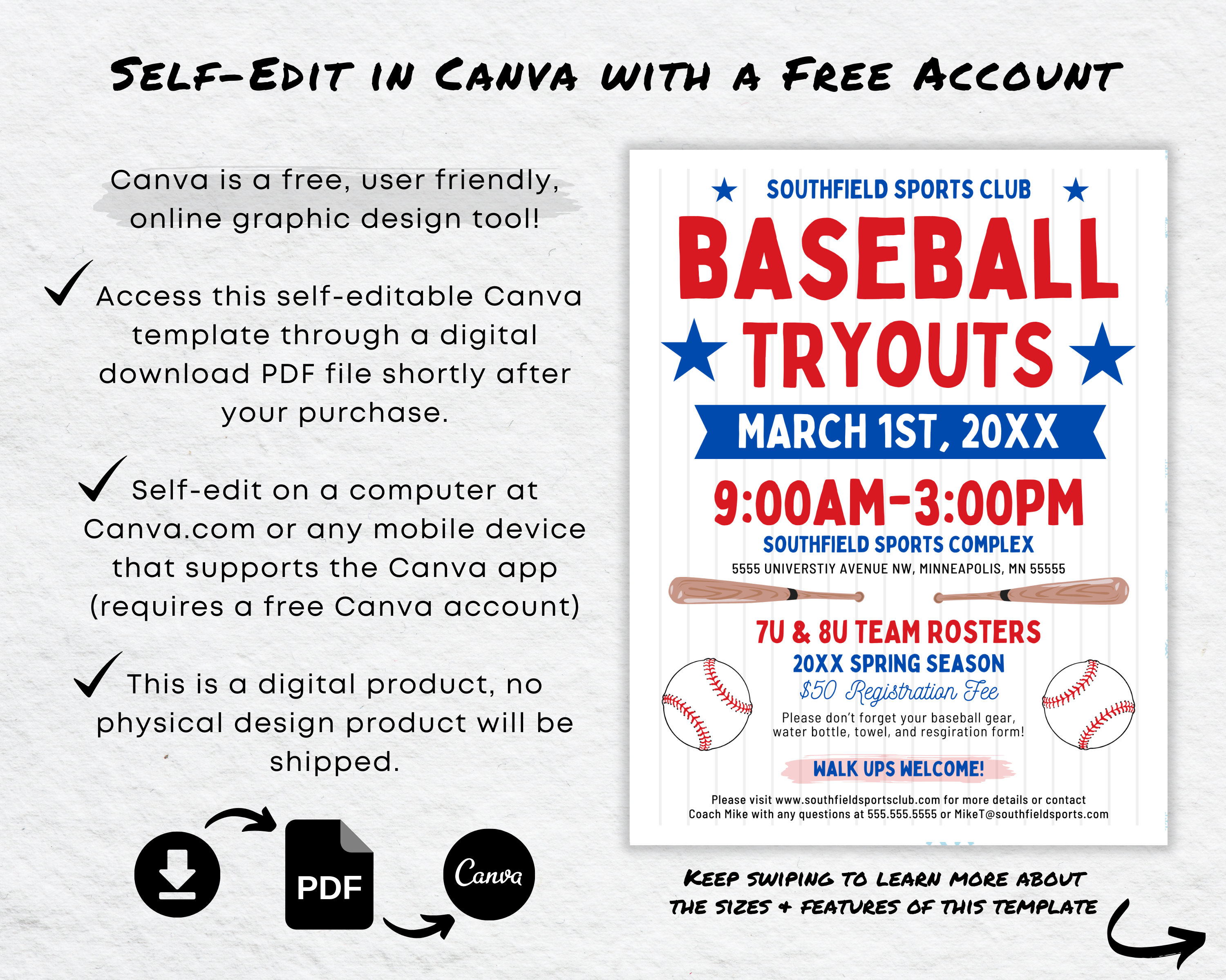 Editable Baseball Tryout Flyer Template, Youth Sports Training Event ...