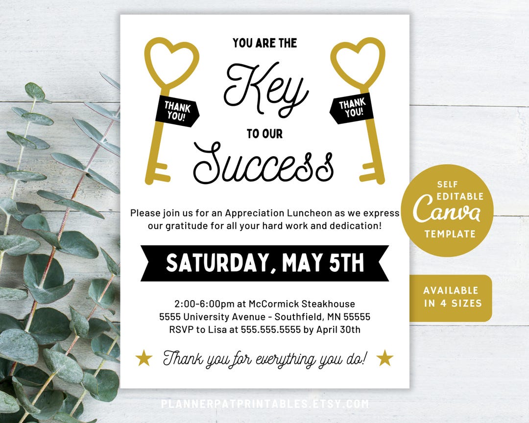 Editable Staff Appreciation Flyer: Key to Success Invitation (canva ...