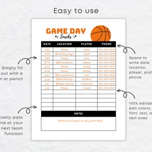 Basketball Snack Schedule Sign up Sheet Printable, Editable Canva ...
