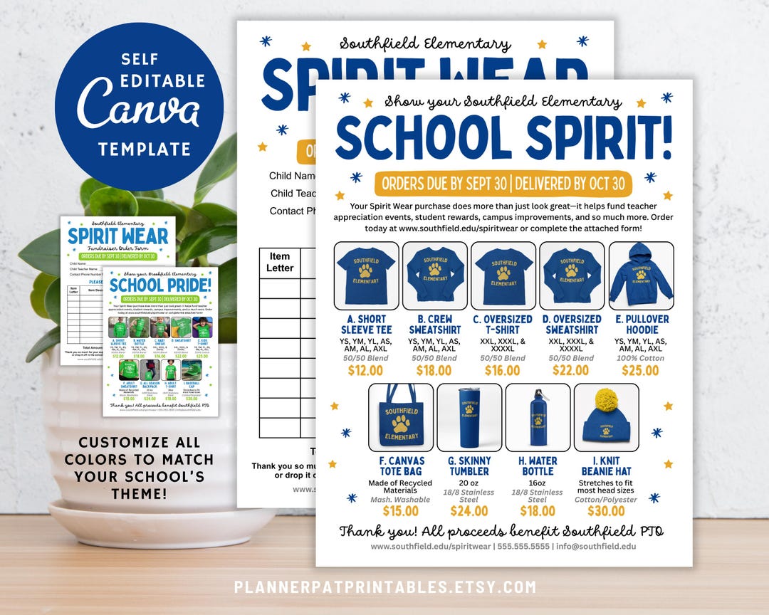 Editable Spirit Wear Order Form Template: PTA PTO Fundraiser (canva PDF Download) - Etsy