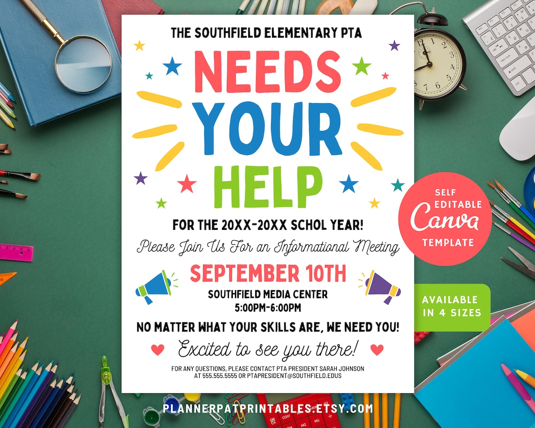 Editable PTA Needs You Flyer Template | Canva Volunteer Sign-up Poster ...