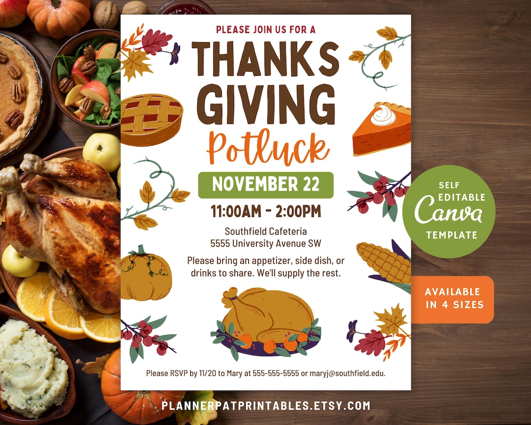 Thanksgiving Potluck Invite: Editable Fall Appreciation Luncheon Flyer ...