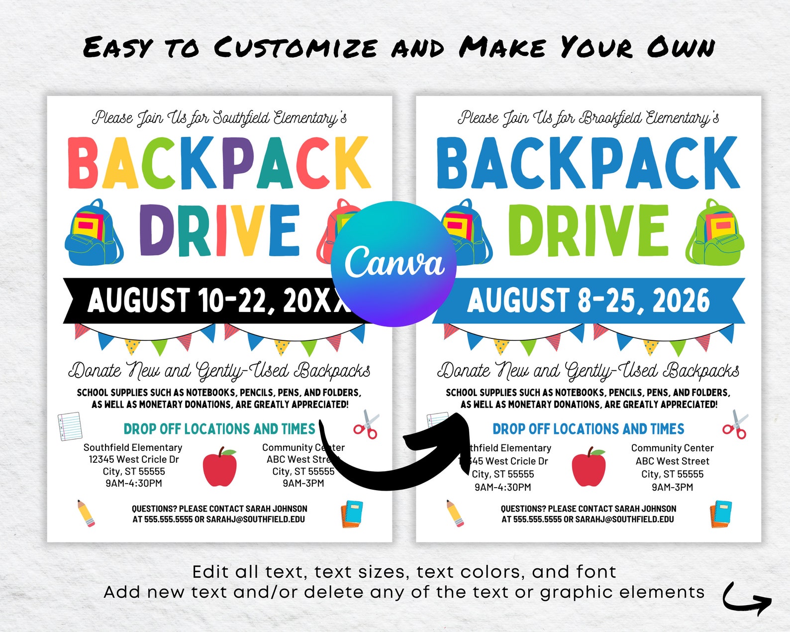 Backpack Drive Flyer Editable Template, School Back Pack Fundraiser ...