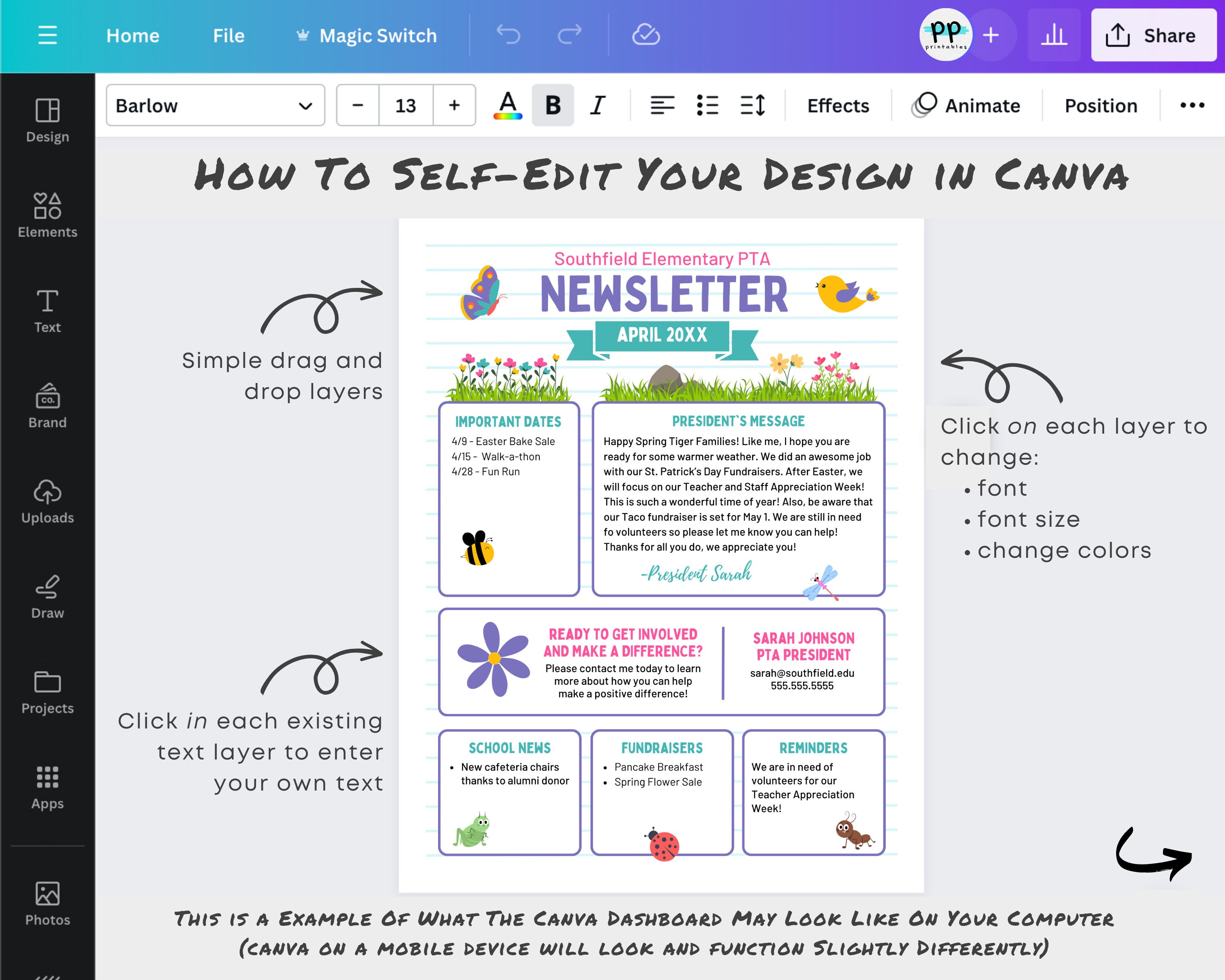 Editable April Newsletter Template, Spring PTO PTA School News, Canva ...