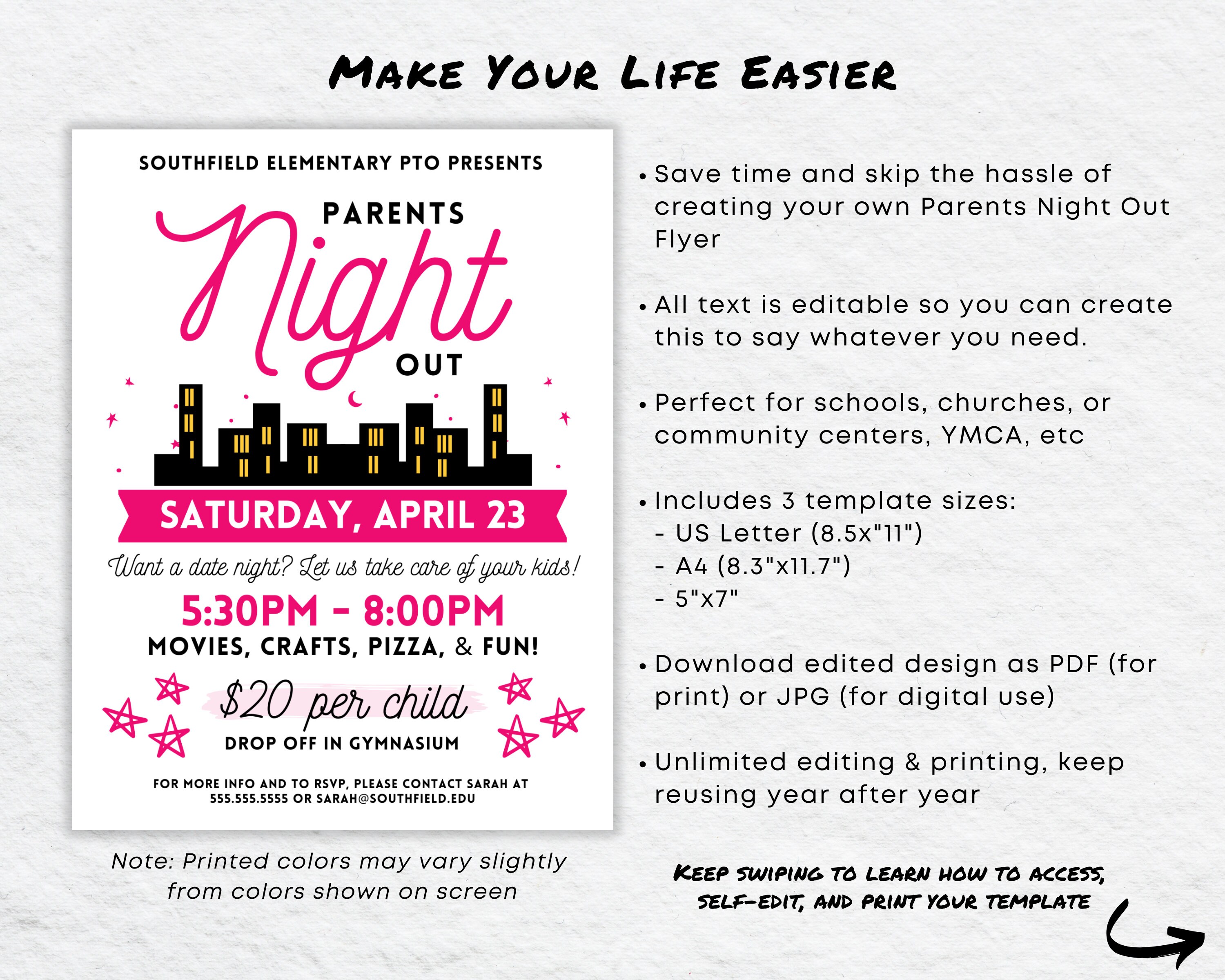 Editable Parents Night Out Flyer Template: Canva School Fundraiser ...