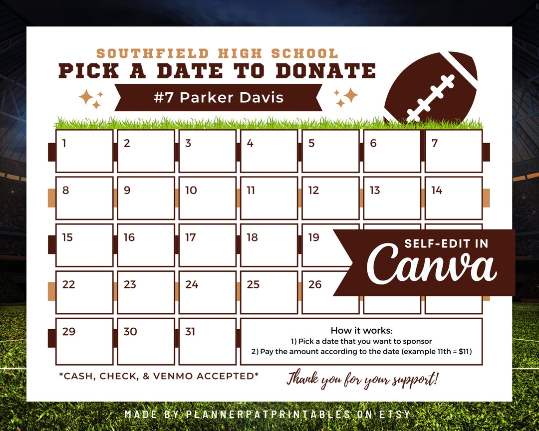 Editable Football Calendar Pick A Date to Donate Fundraiser Canva ...