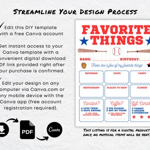 Editable Baseball Teacher Favorite Things Questionaire Flyer Printable ...