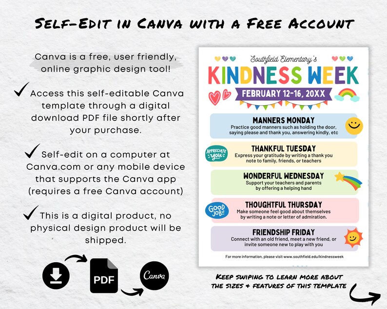 Random Acts of Kindness Flyer, Editable Week Schedule (canva, Digital ...