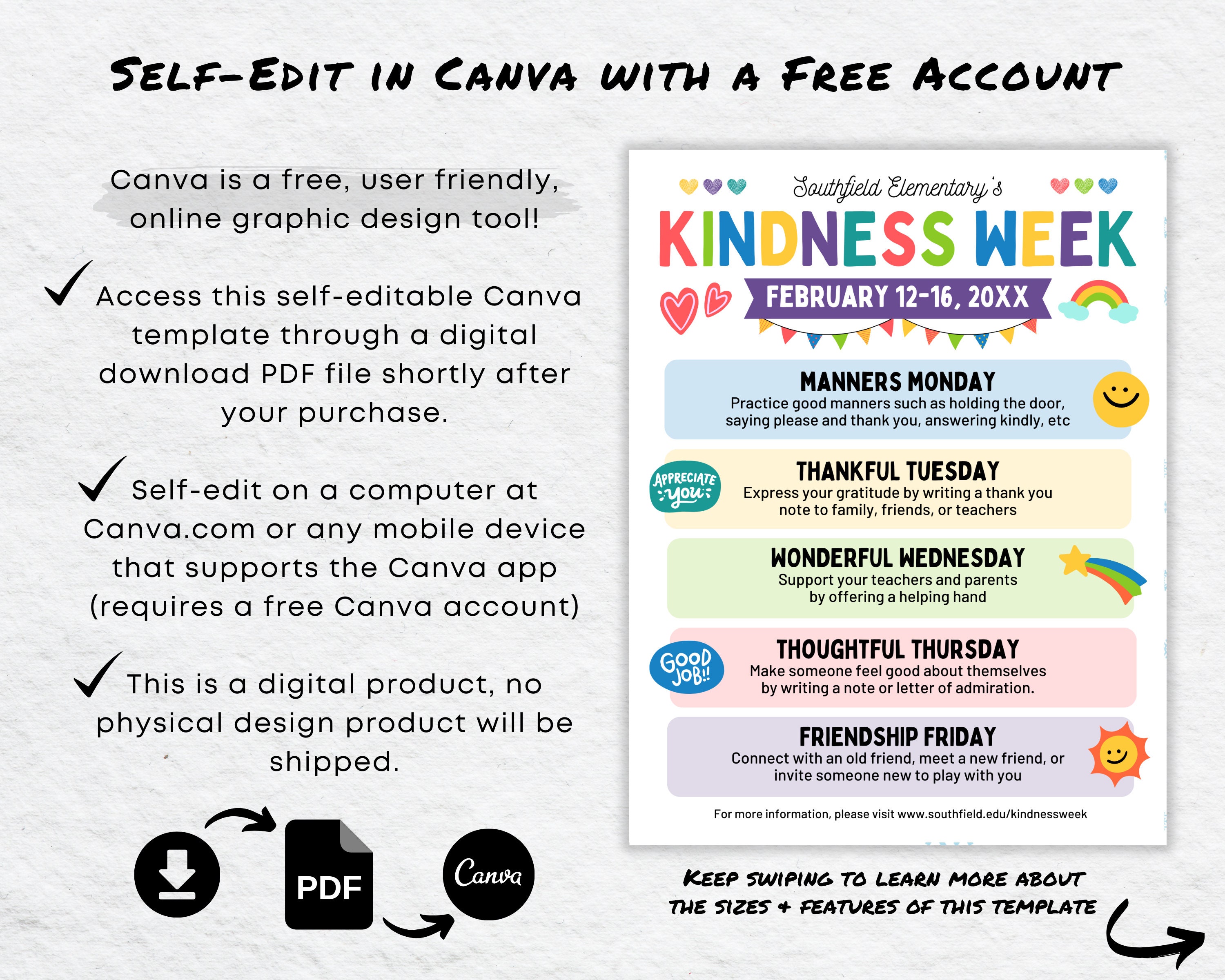 Random Acts of Kindness Flyer, Editable Week Schedule (canva, Digital ...