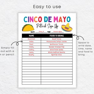 Cinco De Mayo Potluck Sign up Sheet for Taco Fiesta Potluck Party ...