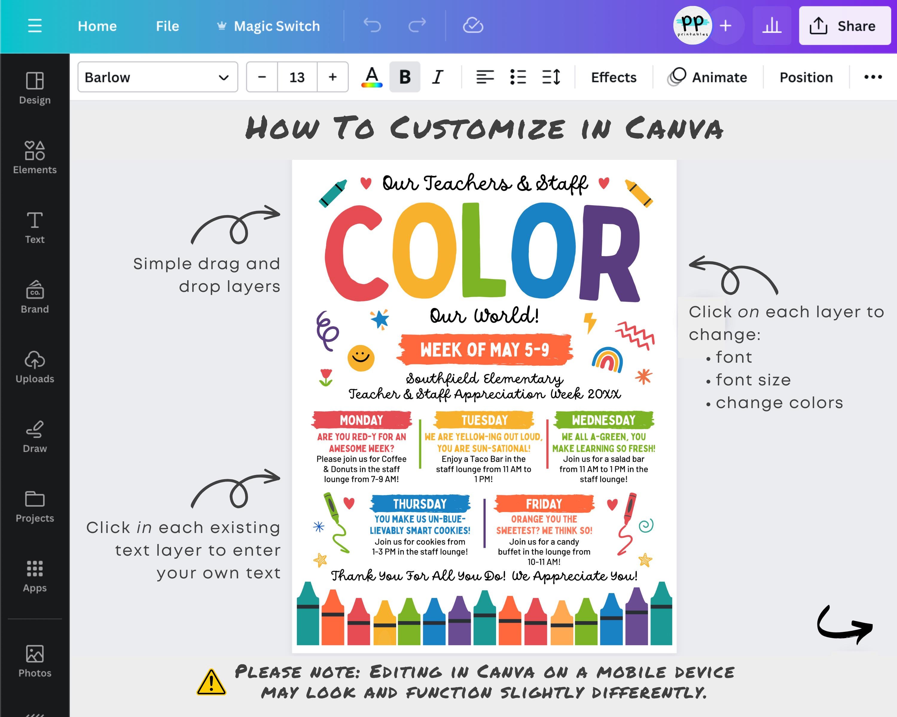 Rainbow Teacher Appreciation Week Coloring Itinerary Flyer (canva ...