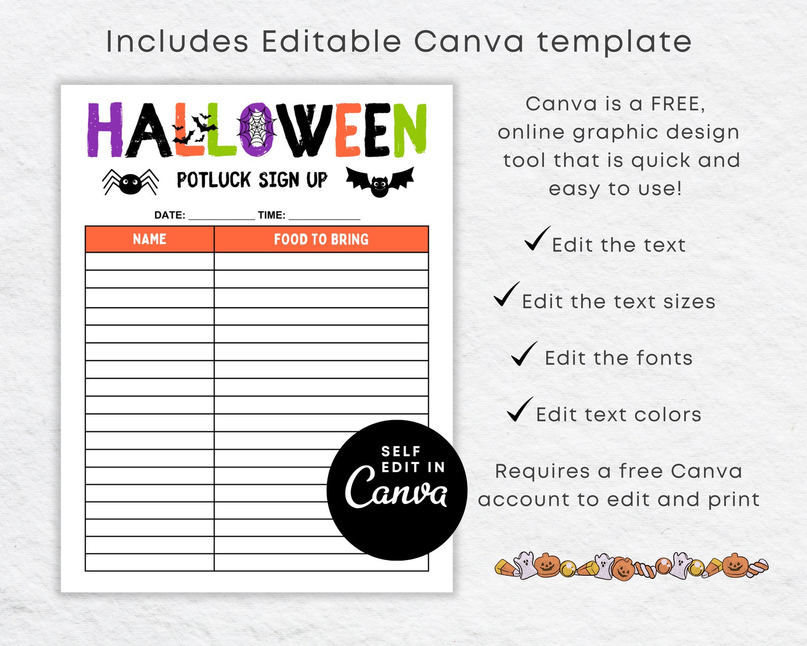 Halloween Potluck Sign up Sheet Printable for Fall Potluck Party, Canva ...