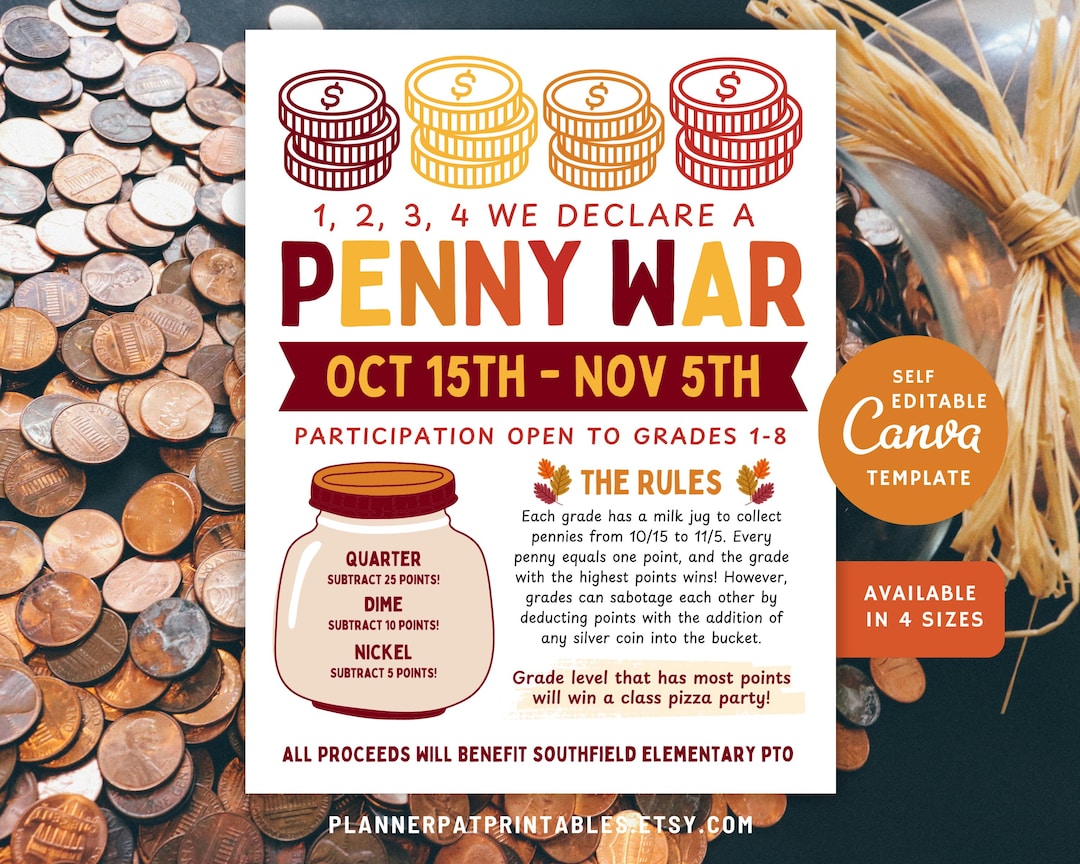 Fall Themed Penny War Flyer Editable Template, Coin Drive Fundraiser ...