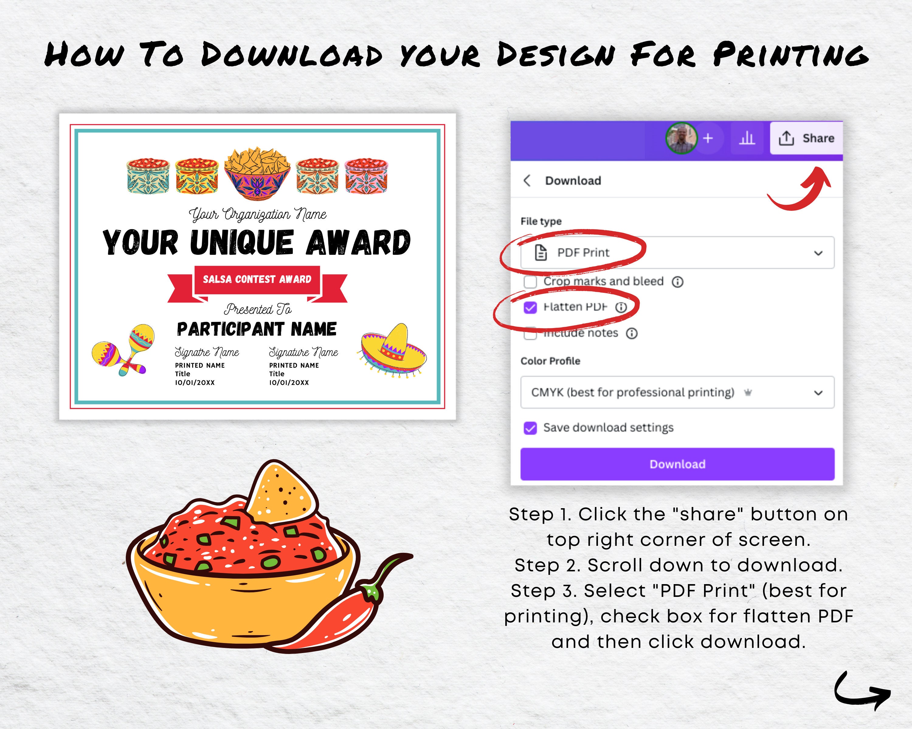 Editable Salsa Award Certificate, DIY Cooking Honor, Canva Template - Etsy