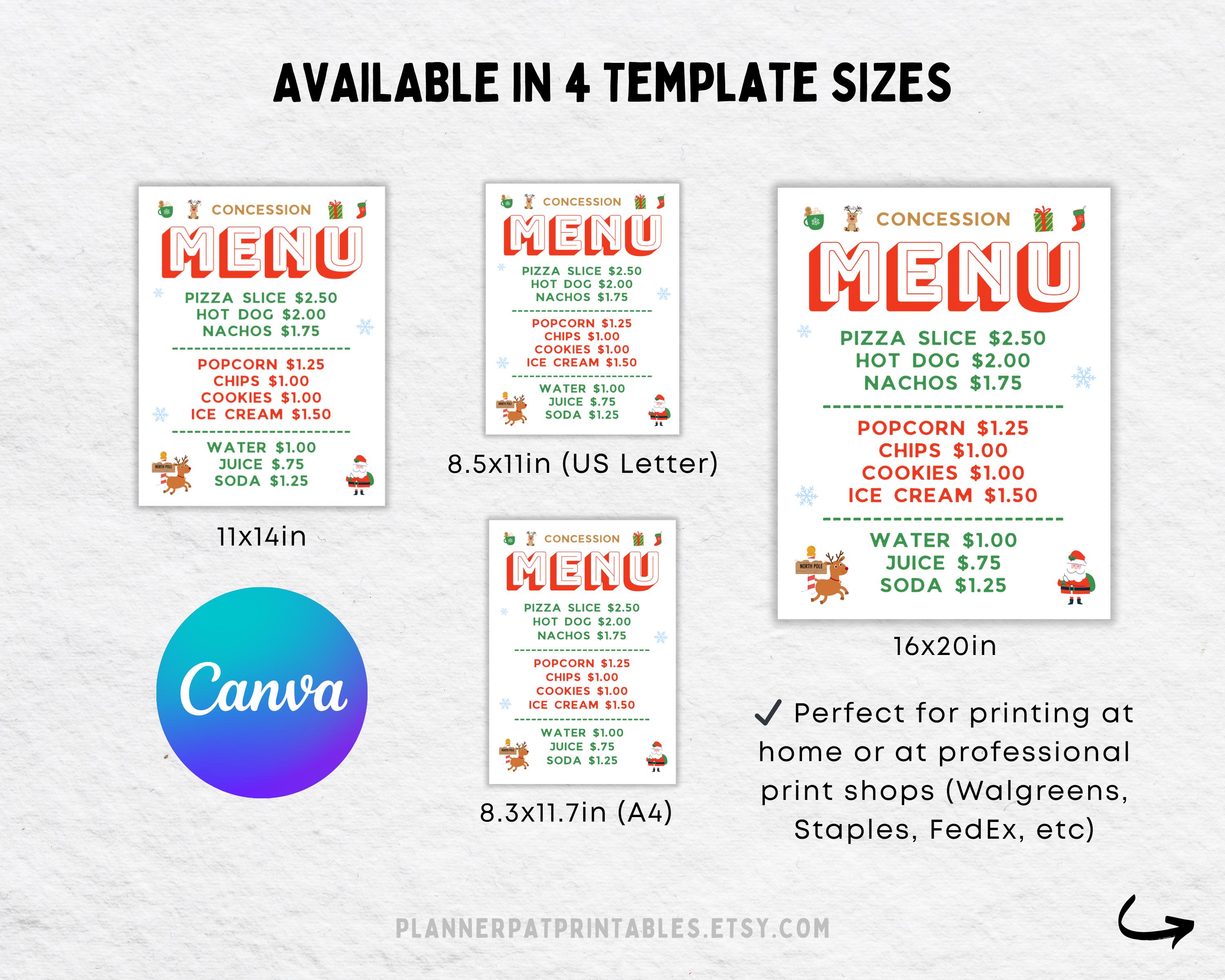 Christmas Concession Stand Menu Template | Editable Holiday Food Price ...
