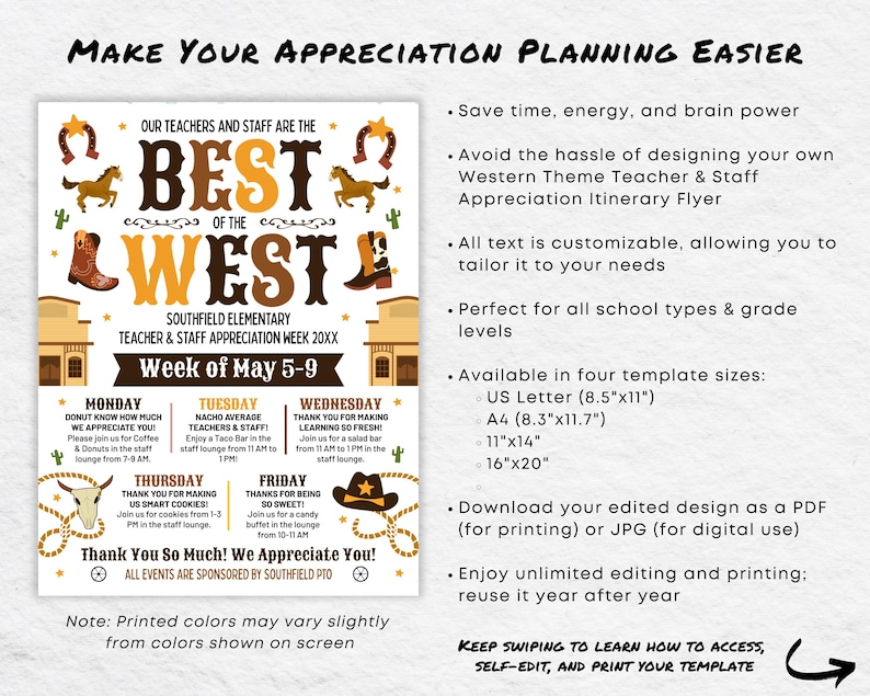 Western Theme Teacher Appreciation Week Itinerary Flyer (canva Template ...