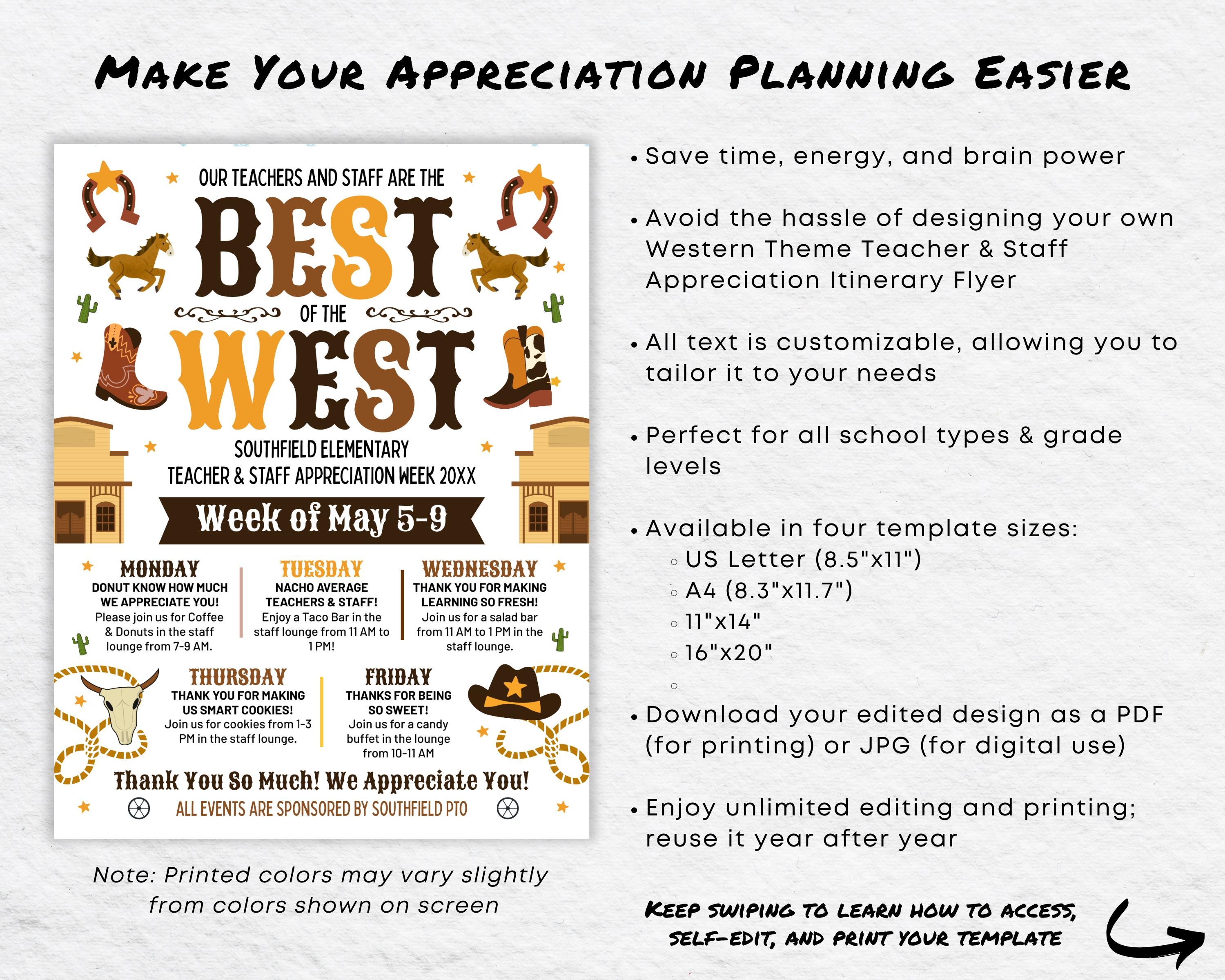 Western Theme Teacher Appreciation Week Itinerary Flyer (canva Template ...