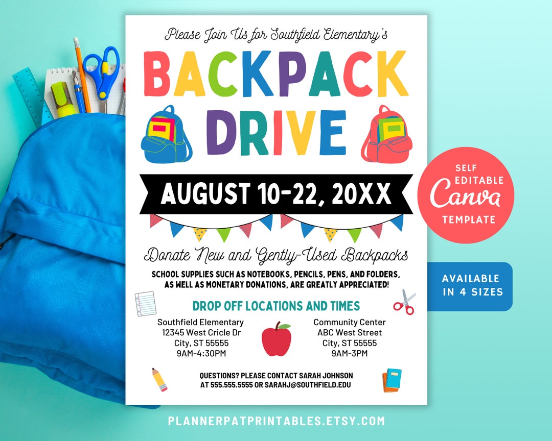 Backpack Drive Flyer Editable Template, School Back Pack Fundraiser ...