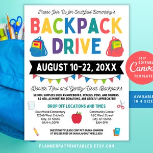 Backpack Drive Flyer Editable Template, School Back Pack Fundraiser ...