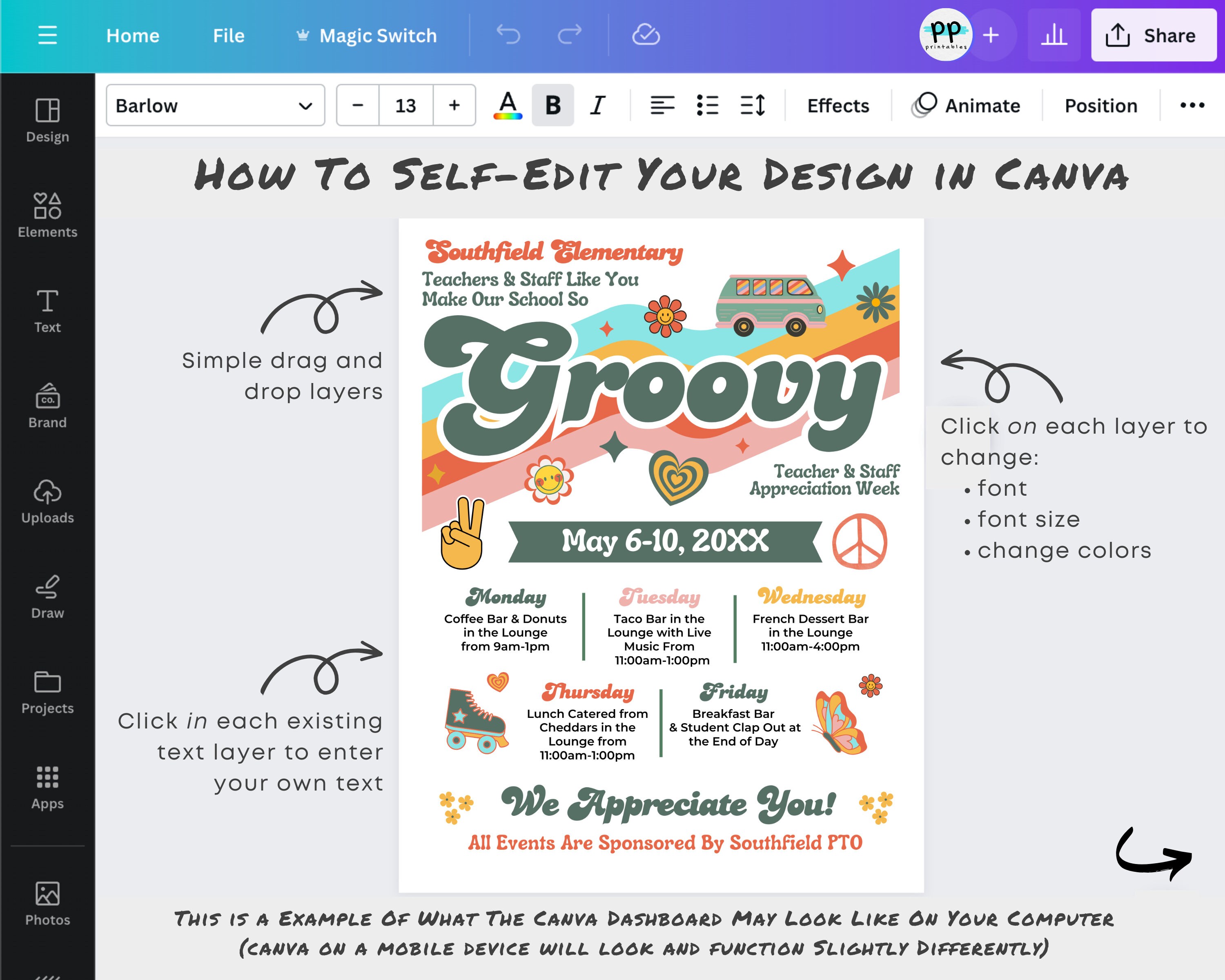 Groovy Teacher Appreciation Week Itinerary Flyer: Retro 60s 70s (canva ...