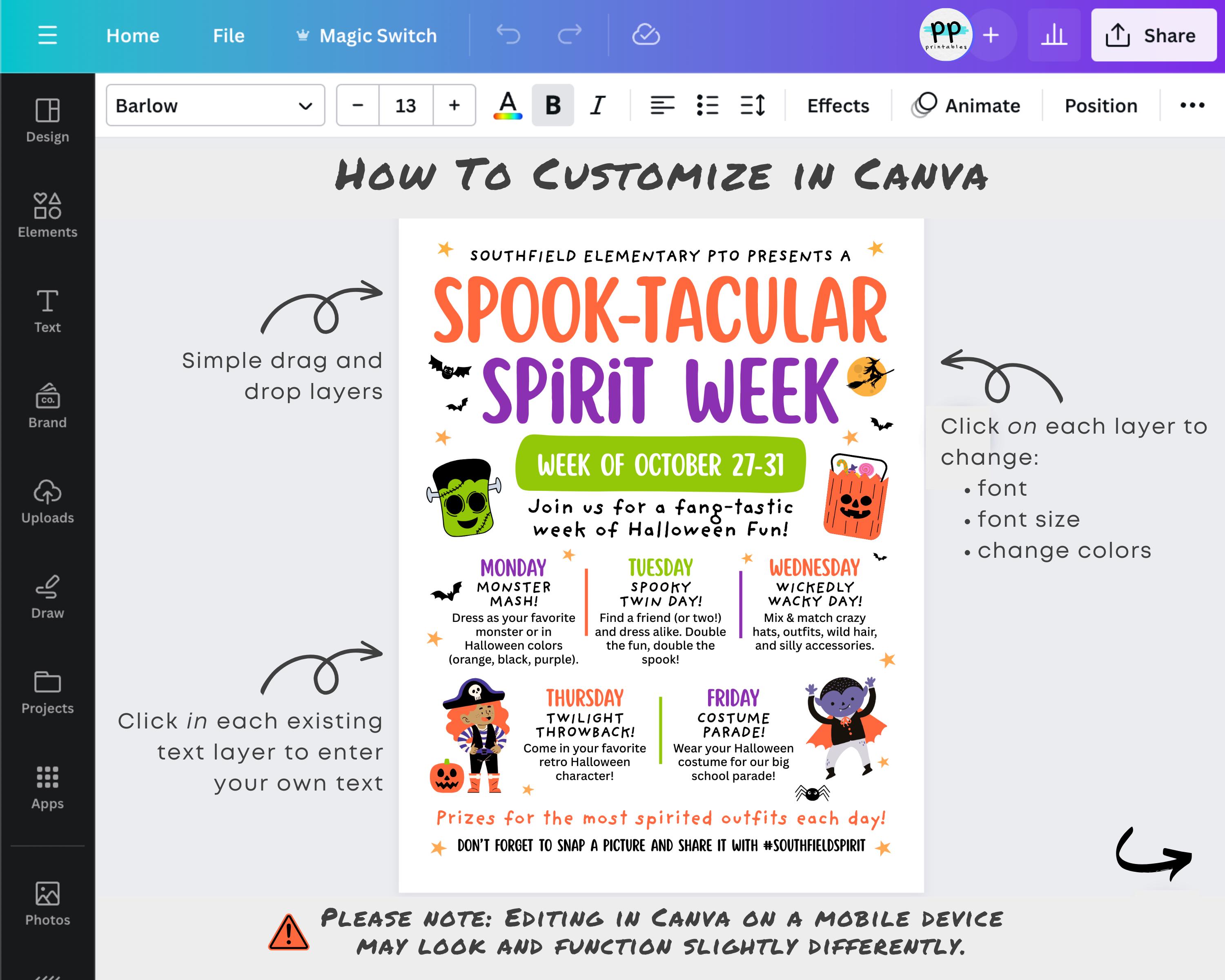 Halloween Spirit Week Flyer: Editable School Dress-up Itinerary (canva ...